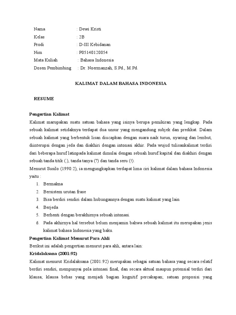 DEWI KRISTI 2B-Resume Materi 7 Kalimat Dalam Bahasa Indonesia-1 | PDF ...