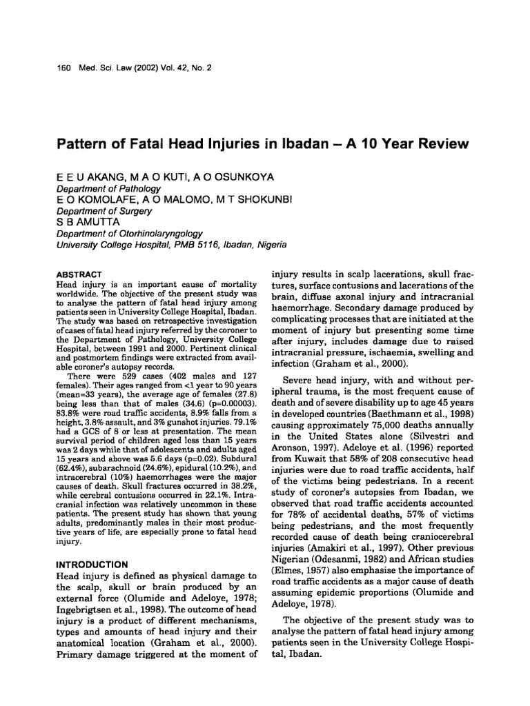 Pattern of Fatal Head Injuries in Ibadan - A 10 Year Review | PDF ...