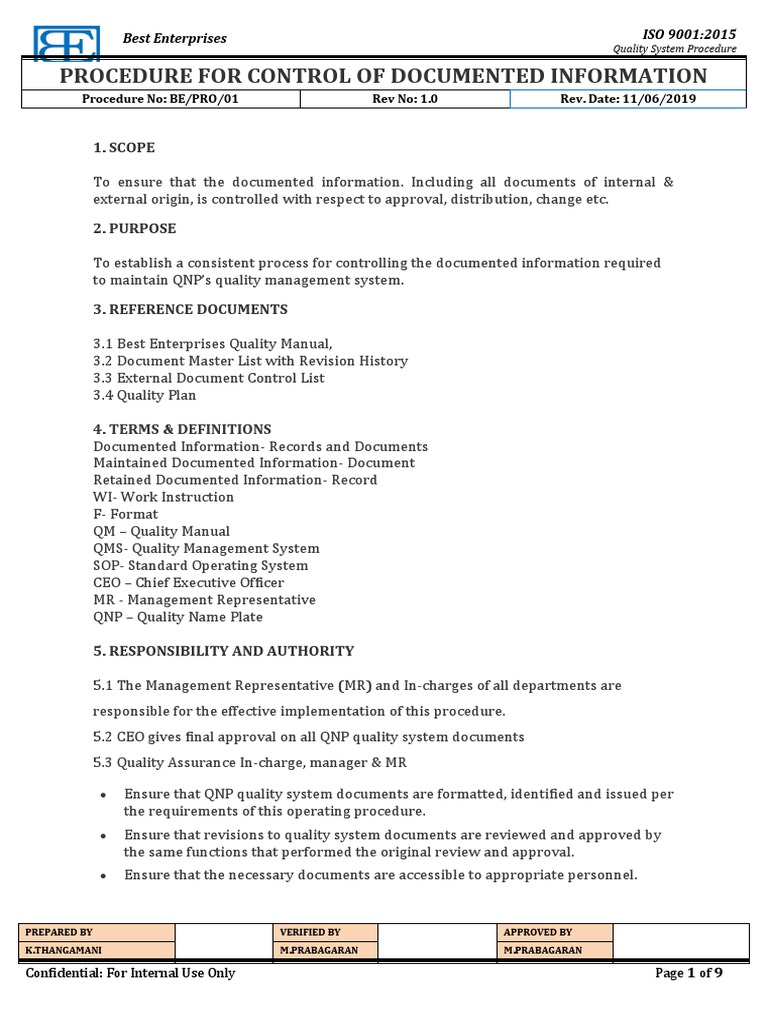 01 Procedure For Control of Documented Information | PDF | Iso 9000 ...