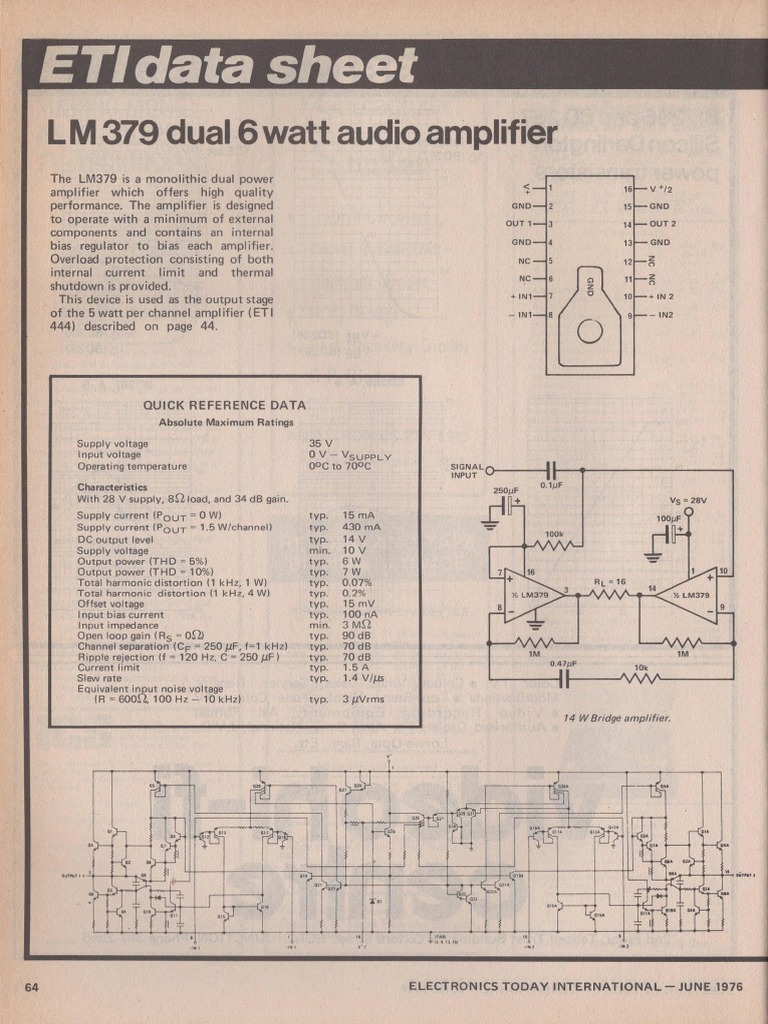 LM379 Data (Old Version) Dual 6 Watt Audio Amplifier ETI JUN76 | PDF