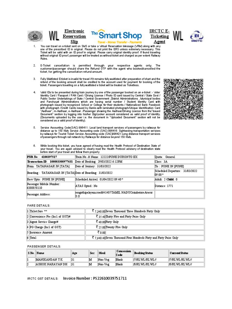 Electronic Reservation Slip Irctc E-Ticketing Agent: Invoice Number ...