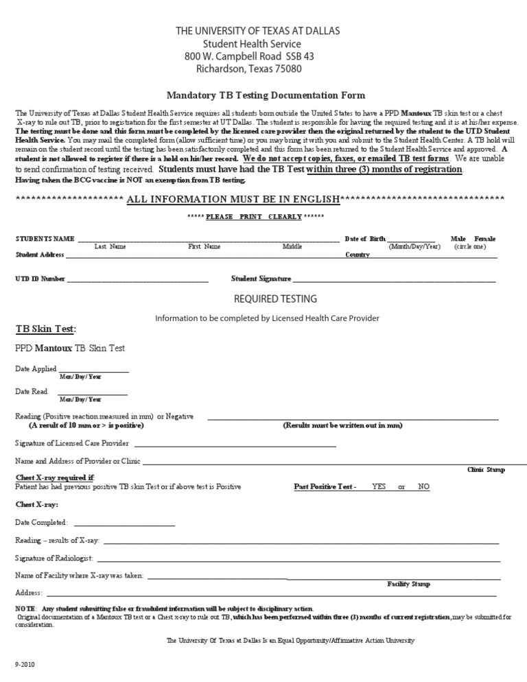 UT Dallas Mandatory TB Testing Form | PDF | University Of Texas At ...