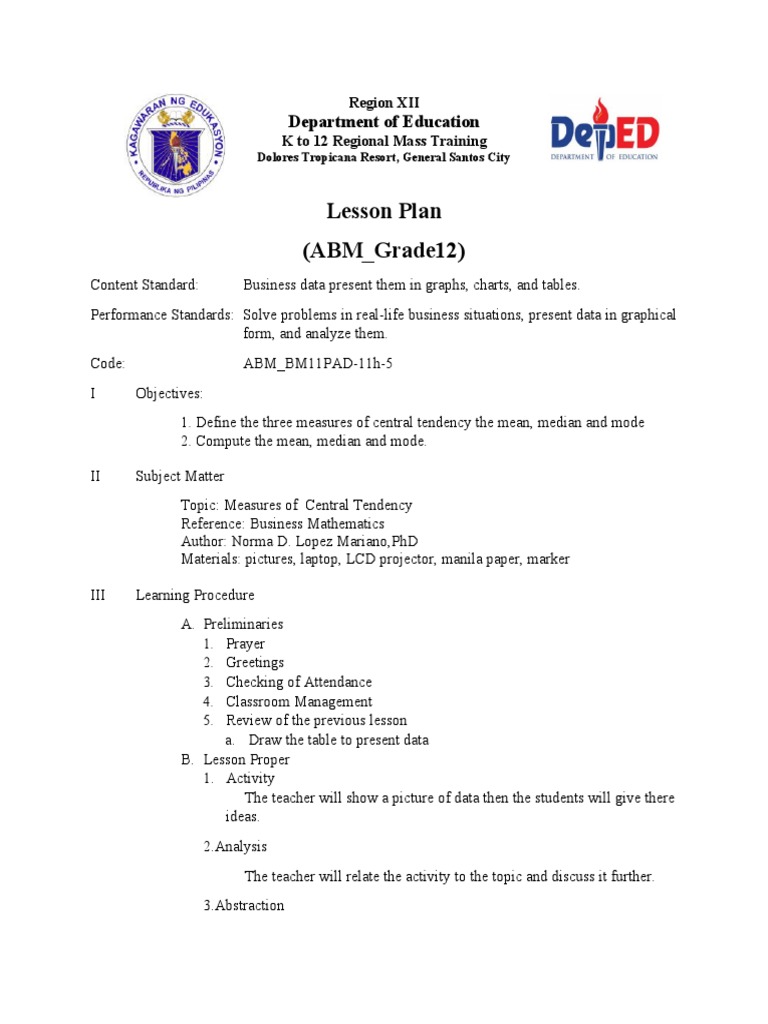 Lesson Plan (ABM - Grade12) : Department of Education | PDF | Mean | Median