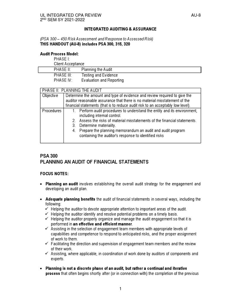 AU - 8 - Audit Planning - PSA 300 To 320 | PDF
