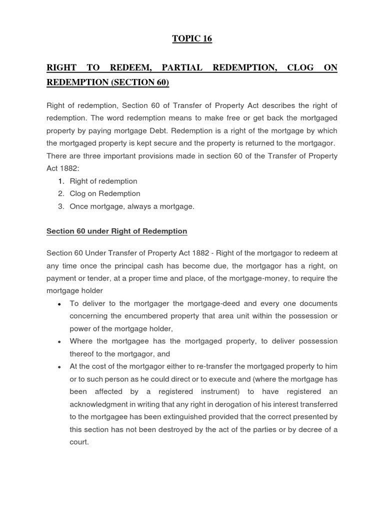 Section 60: Right to Redeem in TPA | PDF