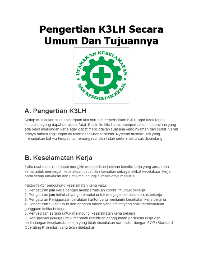 Pengertian K3LH Secara Umum Dan Tujuannya | PDF