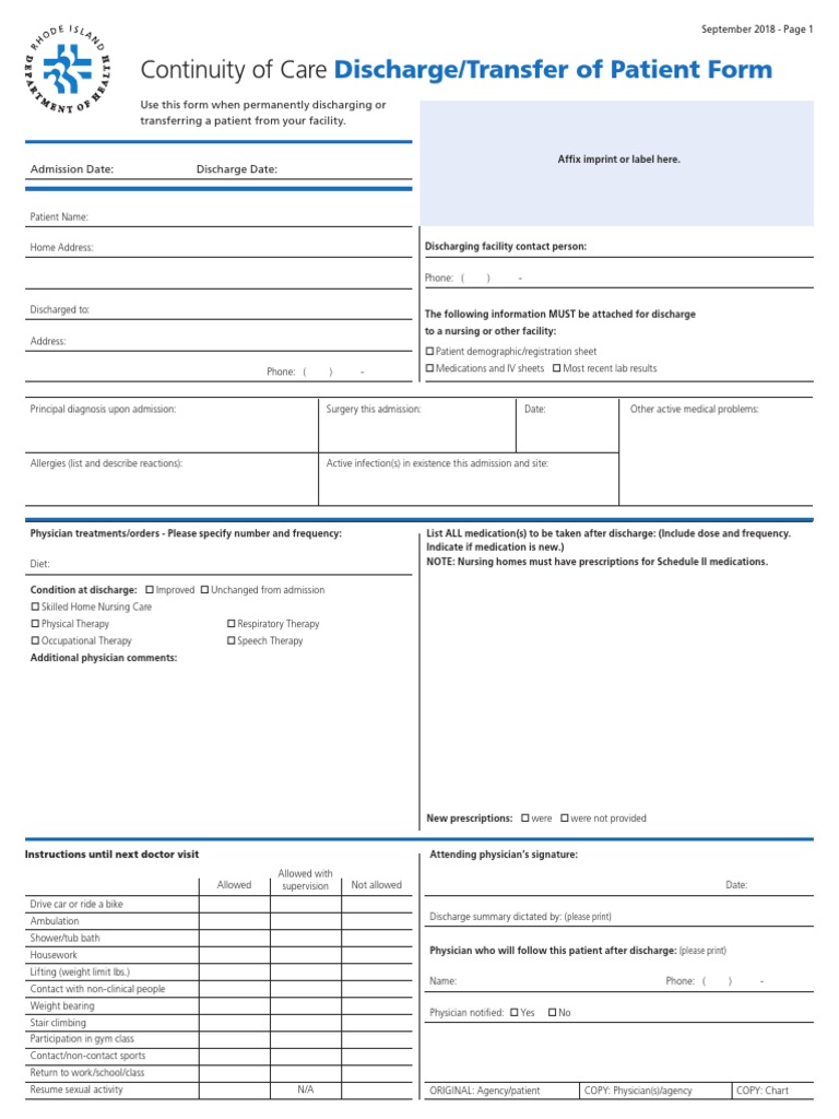 Discharge Transfer of Patient Form | PDF