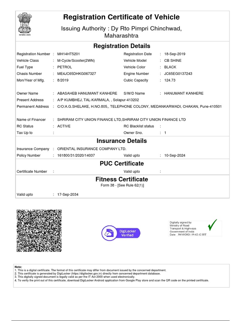 Registration Certificate of Vehicle: Issuing Authority: Dy Rto Pimpri ...