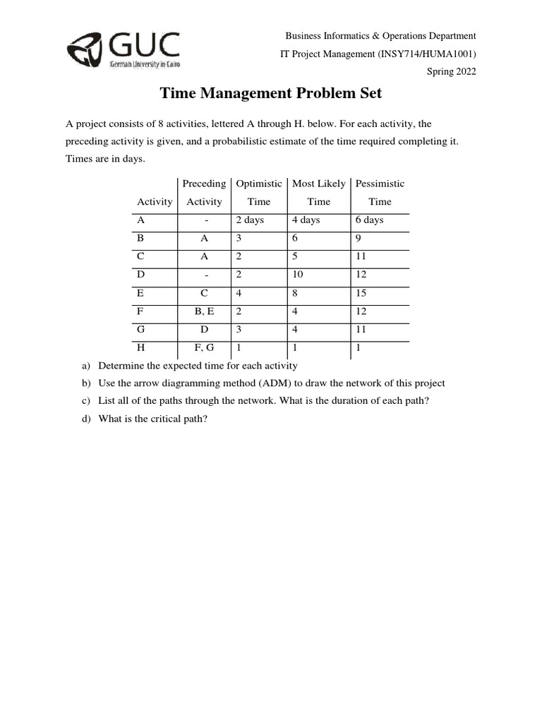 Time Management Problem Set | PDF | Operations Research | Mathematical ...