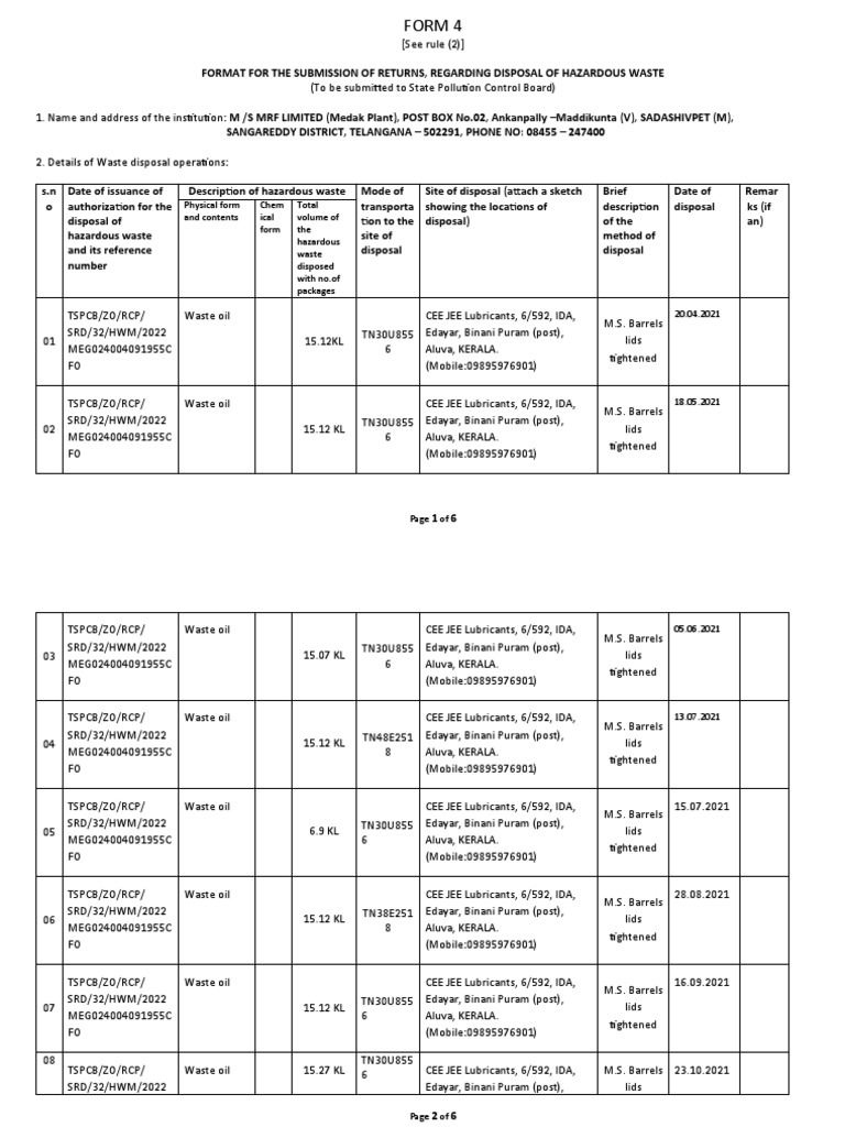 1.TSPCB Form - 4 Hazardous Waste 2022 | PDF