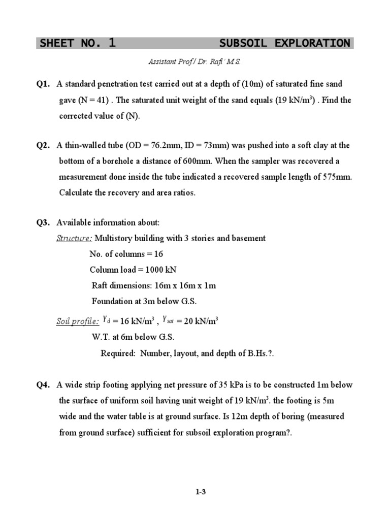 Sheet No. 1 Subsoil Exploration: Assistant Prof./ Dr. Rafi' M.S | PDF | Earth Sciences | Civil ...