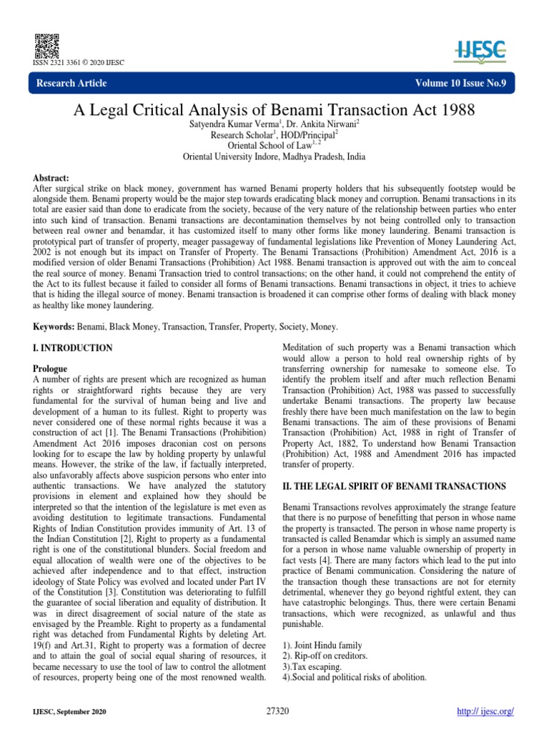 .A Legal Critical Analysis of Benami Transaction Act 1988 | PDF