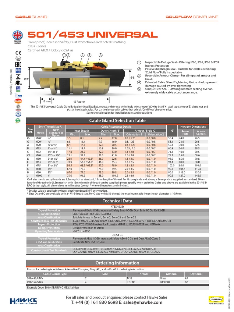 501/453 UNIVERSAL: Cable Gland Selection Table | PDF | Manufactured Goods