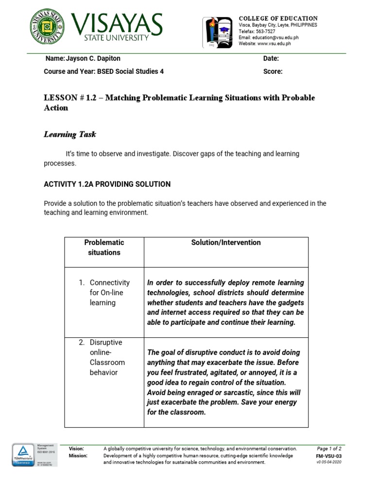 LESSON # 1.2 - Matching Problematic Learning Situations With Probable Action | Download Free PDF ...
