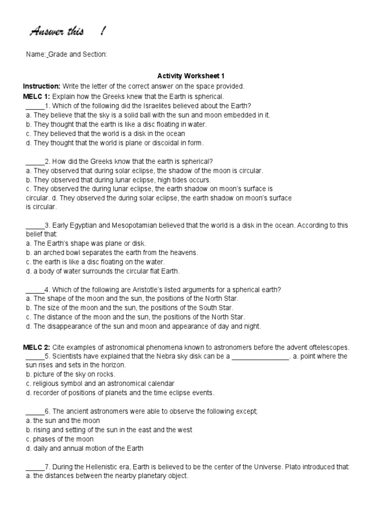 Q4 Worksheet 1 | PDF | Moon | Tycho Brahe