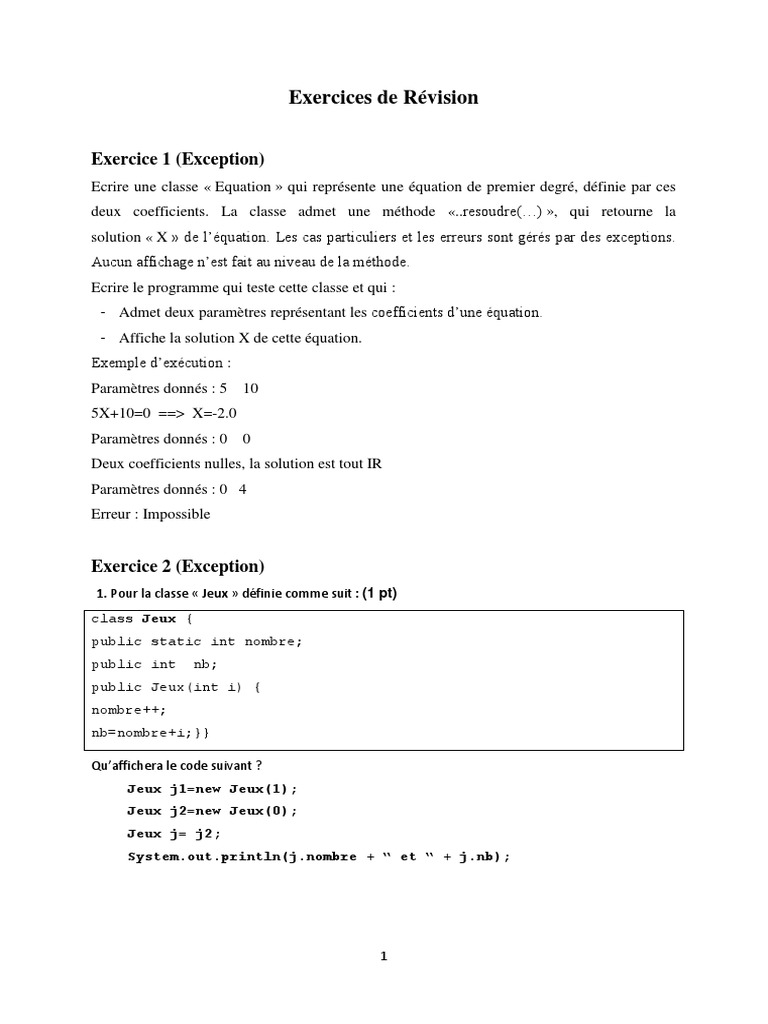 Exercices de Révision: Exercice 1 (Exception) | PDF | Interface (Computing) | Java (Programming ...