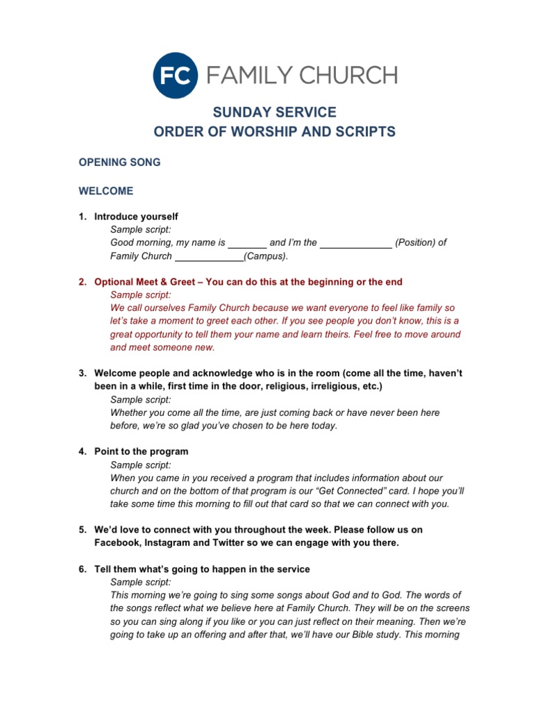 Sunday Service Order of Worship and Scripts: Opening Song Welcome | PDF ...