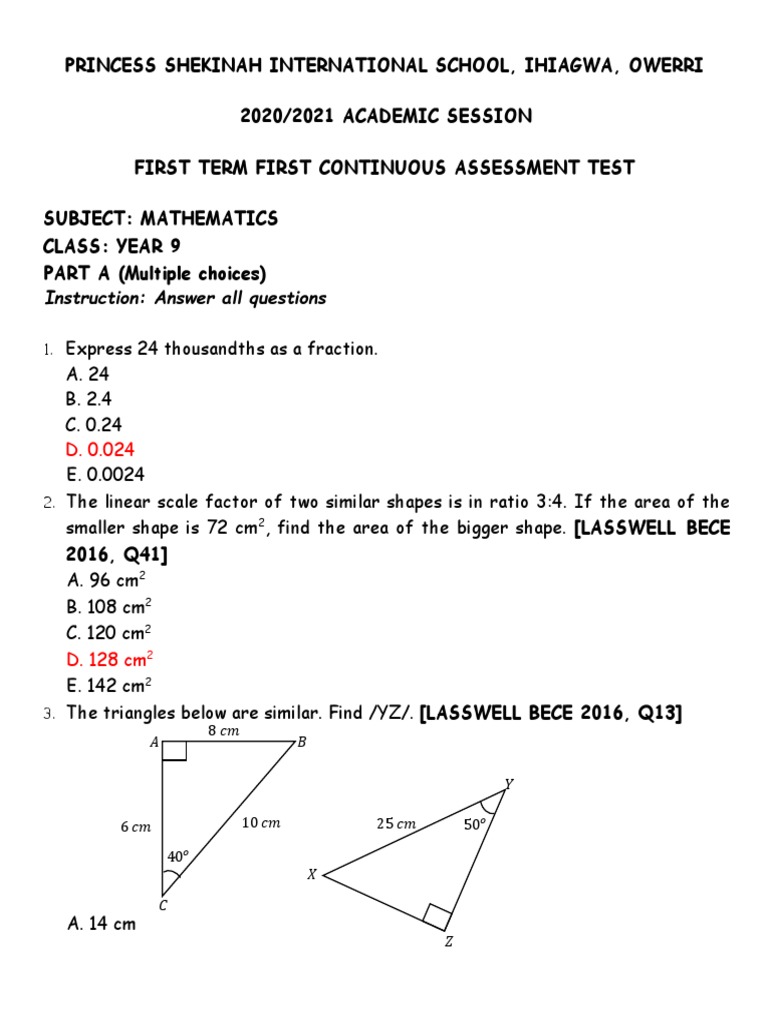 Year 9 Math Assessment Test | PDF