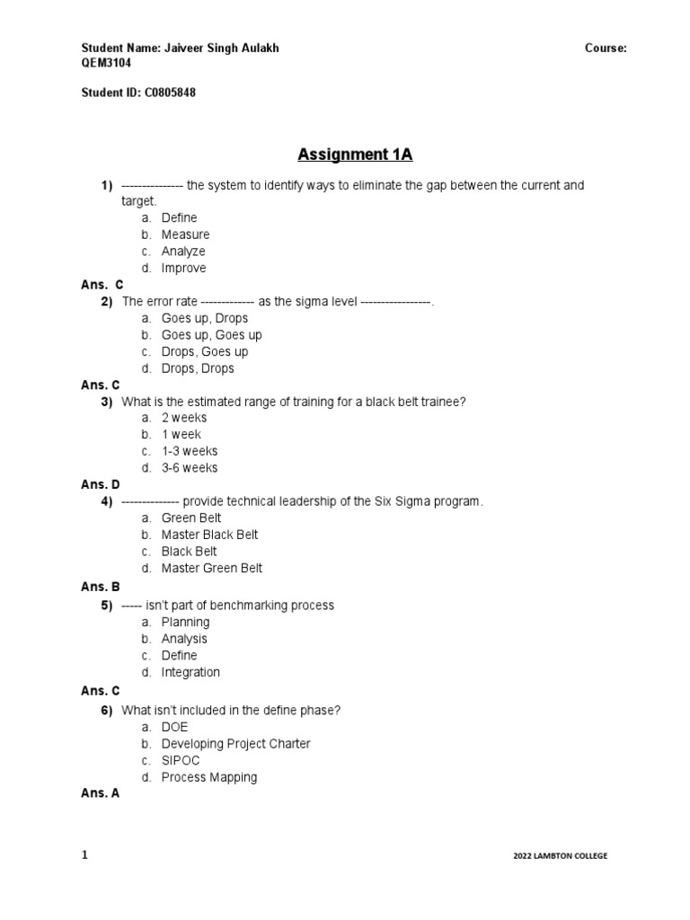 Six Sigma - Assignment 1a | PDF
