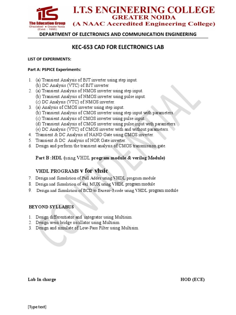 Cad For Electronics Lab Kec-653 | PDF | Cmos | Mosfet