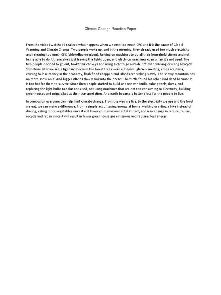 Climate Change Reaction Paper: How Individual Actions Can Help | PDF
