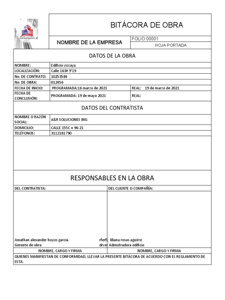 Formato de Bitácora de Obra | PDF