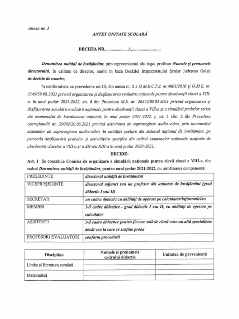 1.decizie Comisie Organizare Simulare - Model | PDF