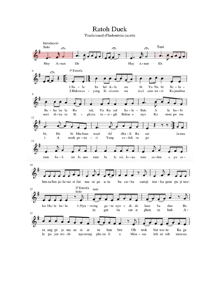 Ratoh Duek (Indonesian Folk Song) Melody | PDF