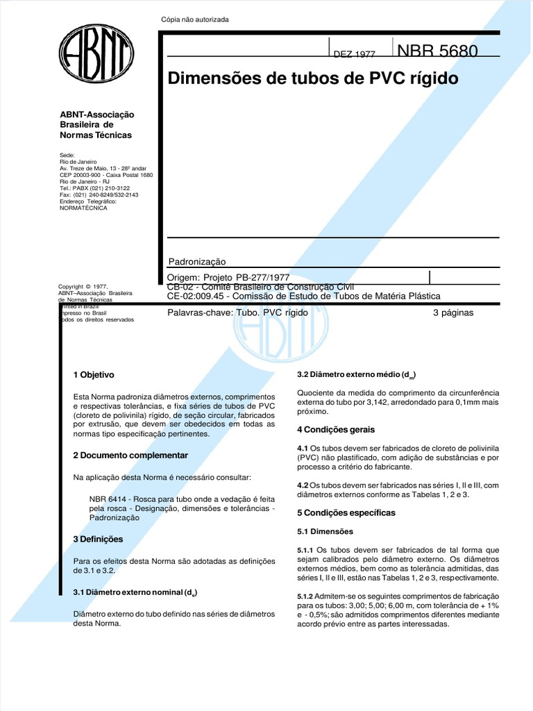 NBR 5680 - Dimensões de Tubos de PVC Rígido | PDF