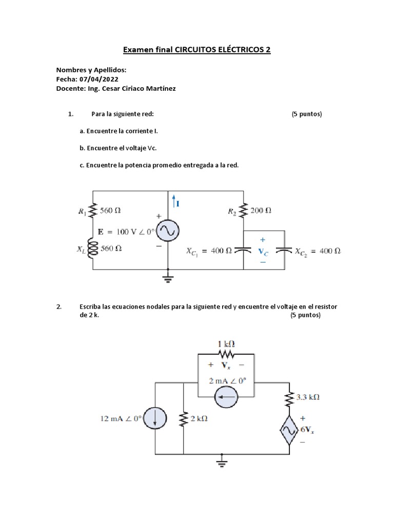 Examen FINAL CIRCUITOS ELÉCTRICOS 2 | PDF | Ciencia y matemáticas