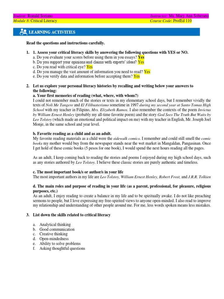 ProfEd 110 Module 8 Learning Activities | PDF