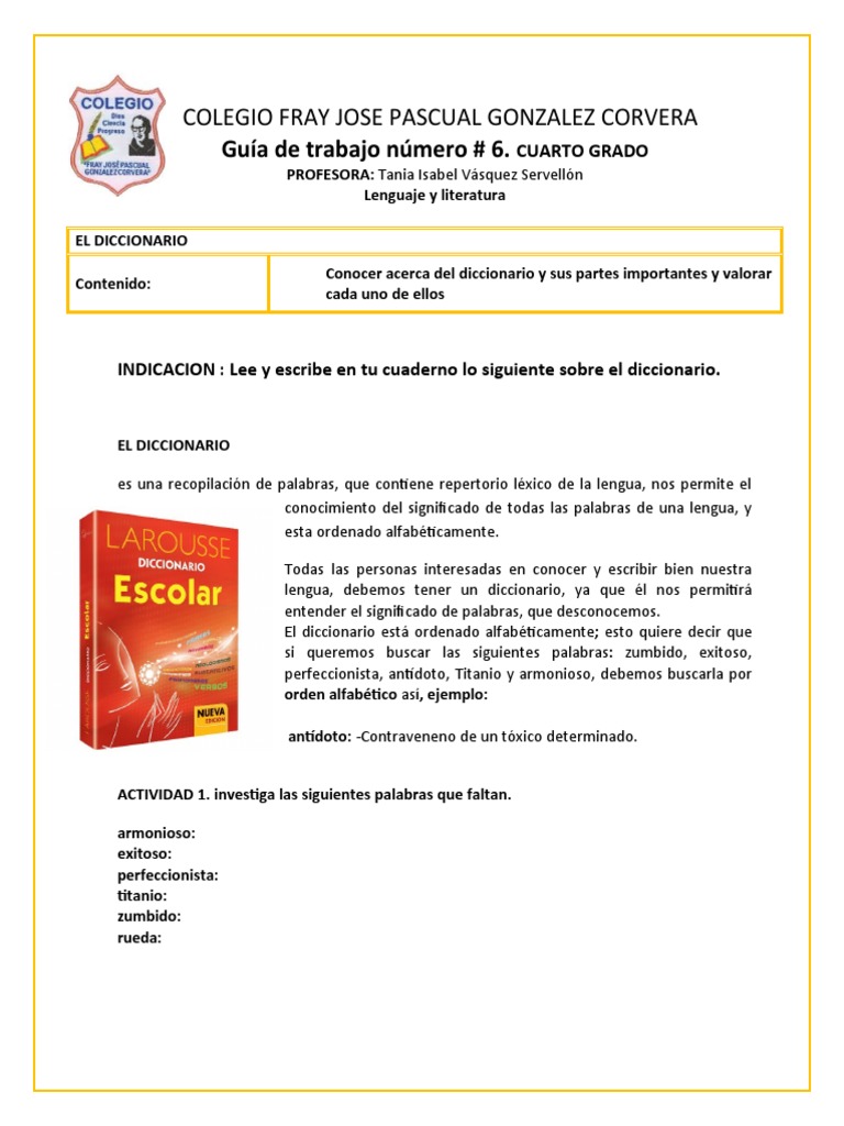 Guía # 6 CUARTO GRADO | PDF | Diccionario | Palabra