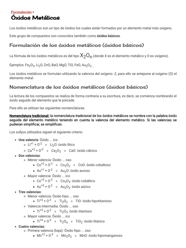 Nomenclatura de Óxidos Metálicos | PDF | Óxido | Compuestos químicos