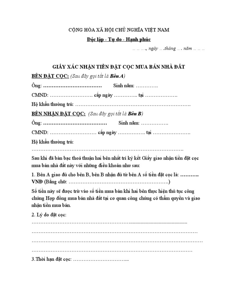 Mau Giay Giao Nhan Nhan Tien Dat Coc Mua Nha 2404135557 2311164839 | PDF