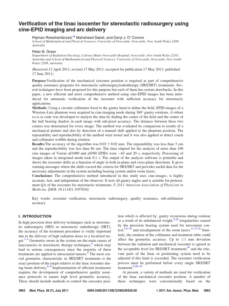 Verification of The Linac Isocenter For Stereotactic Radiosurgery Using | PDF