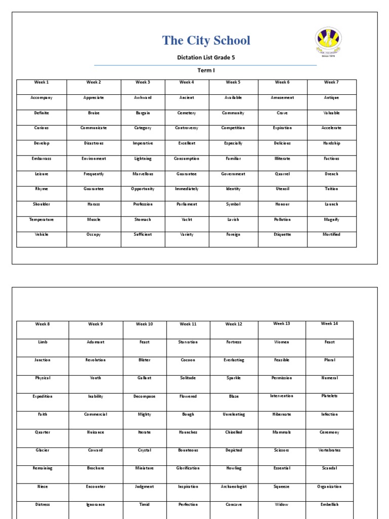 Dictation List Grade 5 | PDF