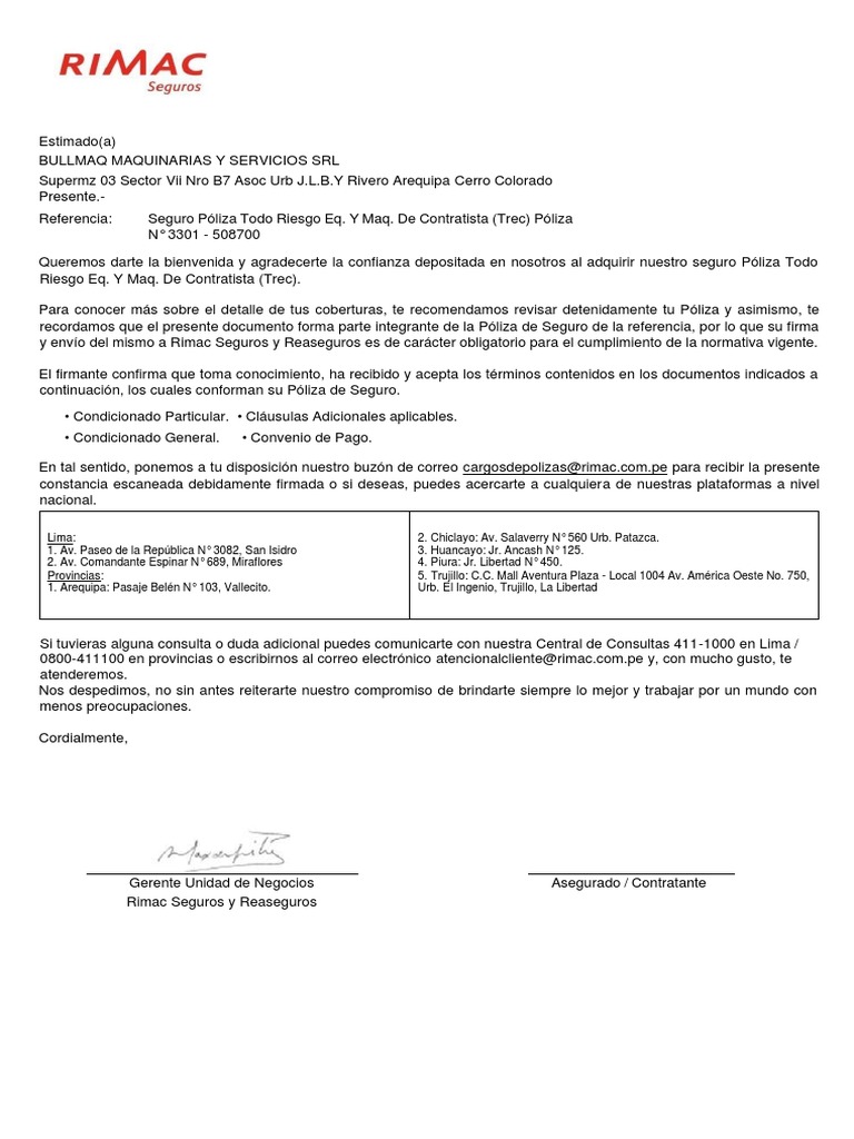 Poliza de Seguro Trec Retroexcavadora 420e | PDF | Póliza de seguros | Seguro