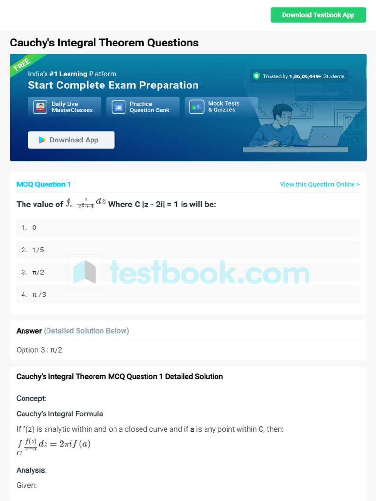 MCQ On Cauchys Integral Theorem 5eea6a0a39140f30f369dcae | PDF