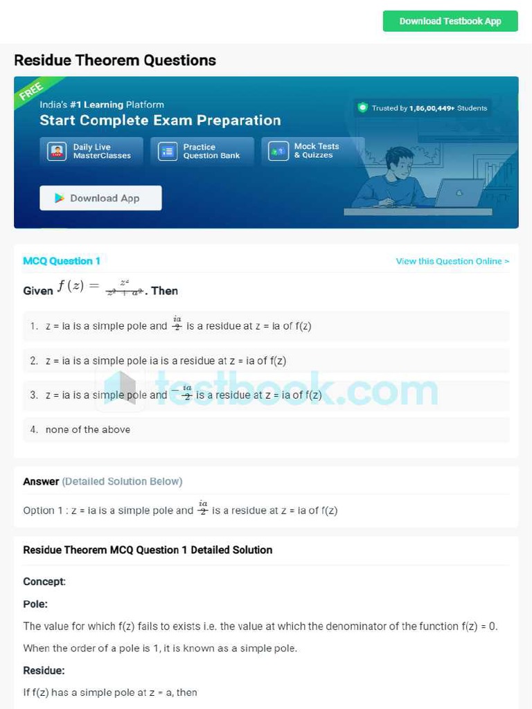 MCQ On Residue Theorem 5eea6a0a39140f30f369dcad | PDF