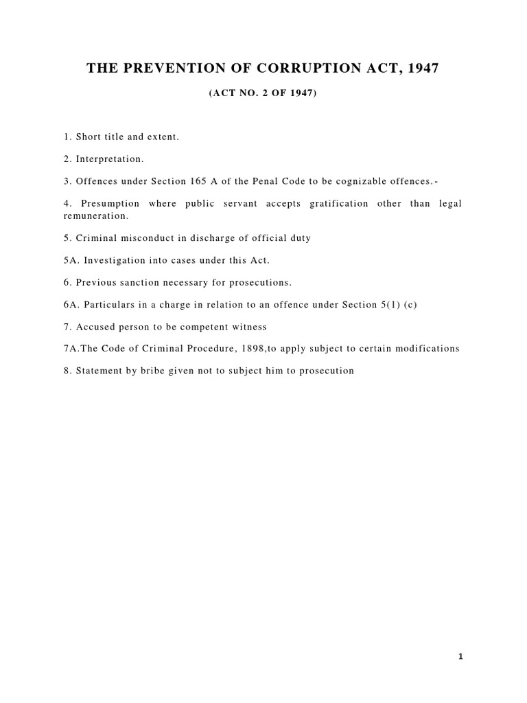 Prevention of Corruption Act, 1947 | PDF | Practice Of Law | National ...