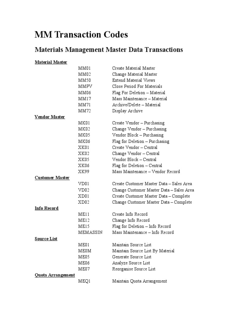 MM Transaction Codes | PDF | Sales | Invoice
