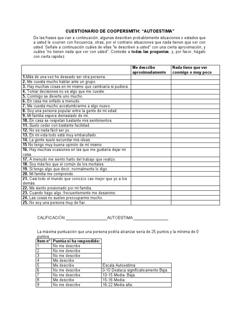 Cuestionario de Coopersmith | PDF