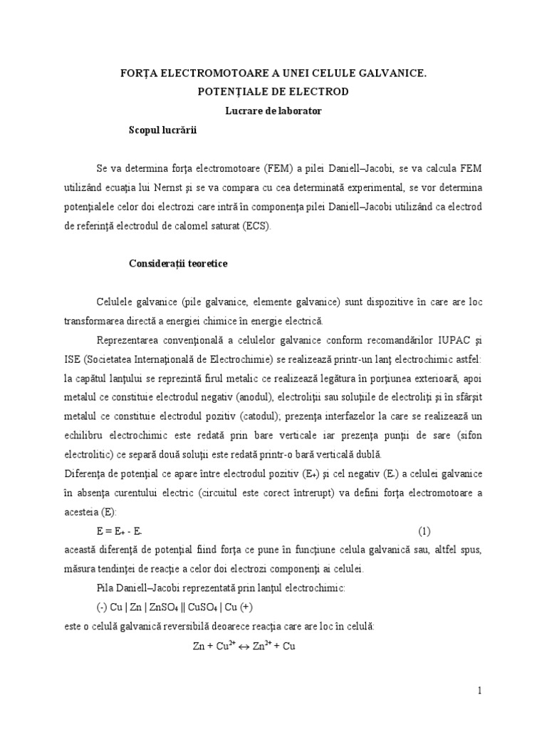 Forţa Electromotoare A Unei Celule Galvanice | PDF