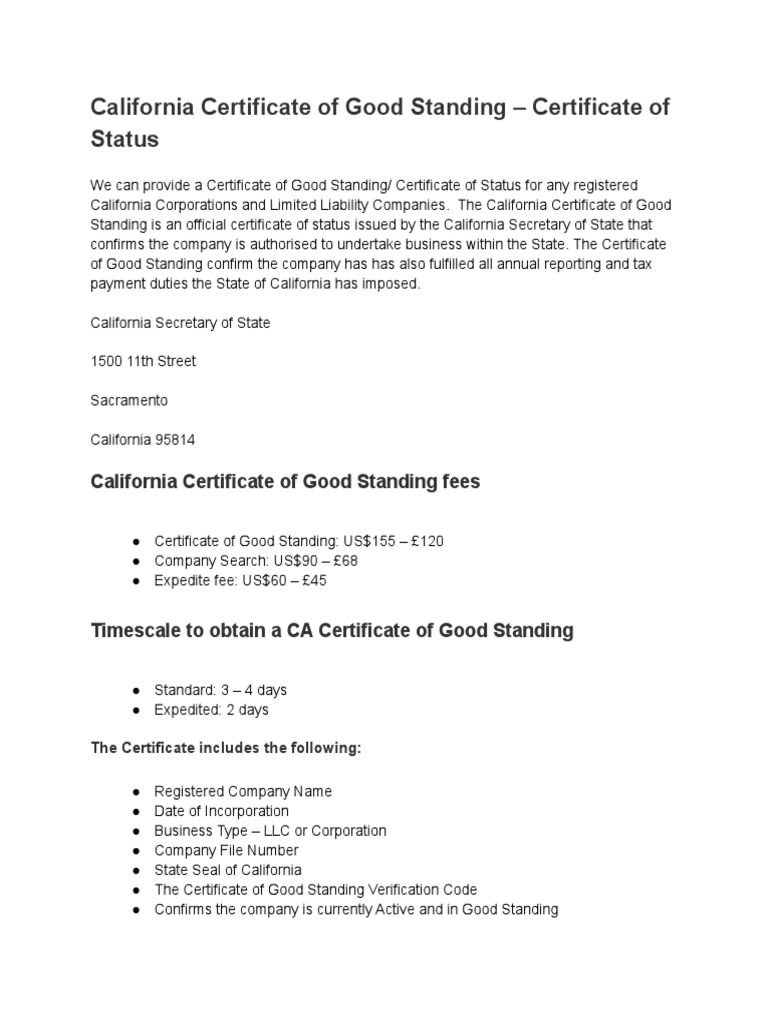 California Certificate of Good Standing - Certificate of Status | PDF ...