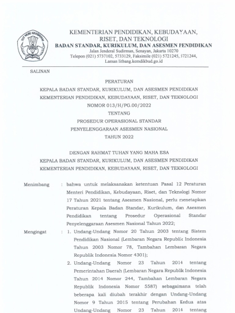 Salinan 013 Perka BSKAP Tentang POS Penyelenggaraan Asesmen Nasional ...