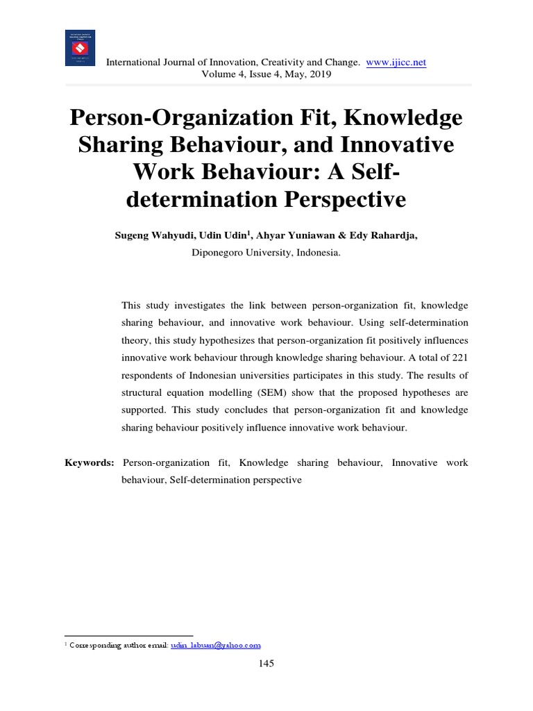 Person-Organization Fit, Knowledge Sharing Behaviour, and Innovative Work Behaviour: A Self ...
