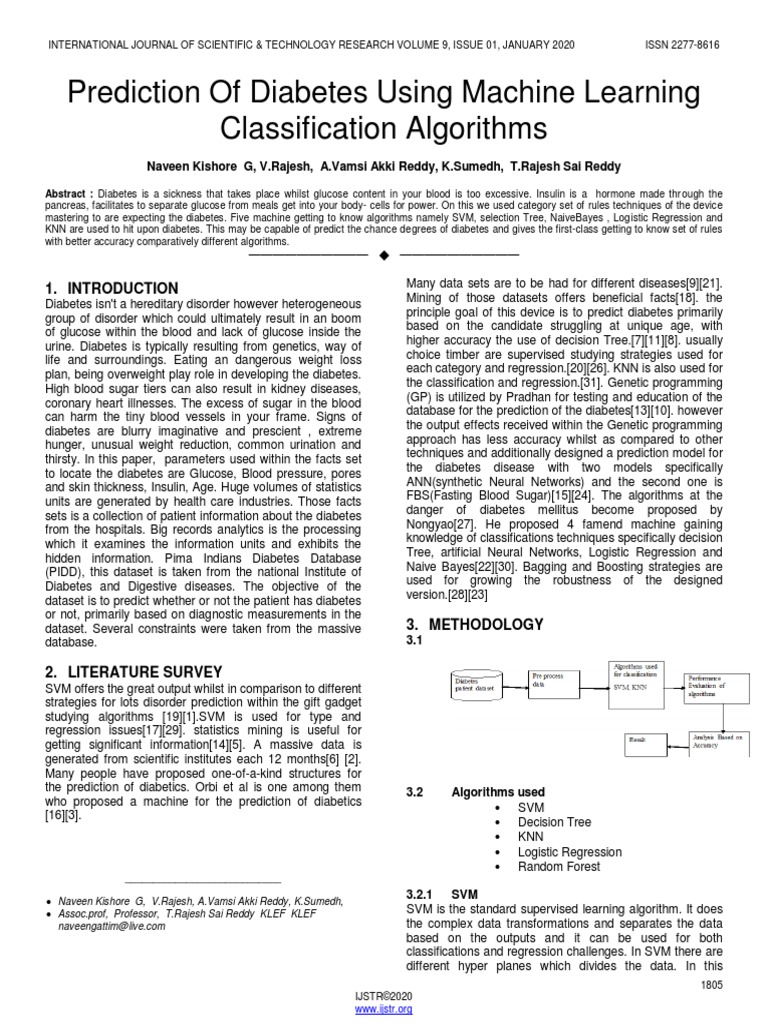 Prediction of Diabetes Using Machine Learning Classification Algorithms ...