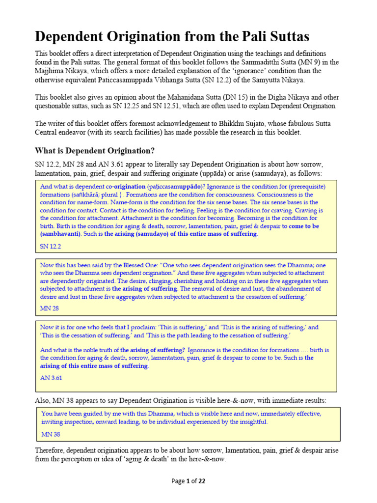 Dependent Origination Defined From The Pali Suttas | PDF