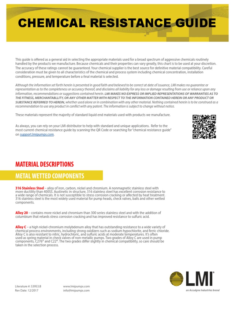 Chemical Resistance Guide: Material Descriptions | PDF