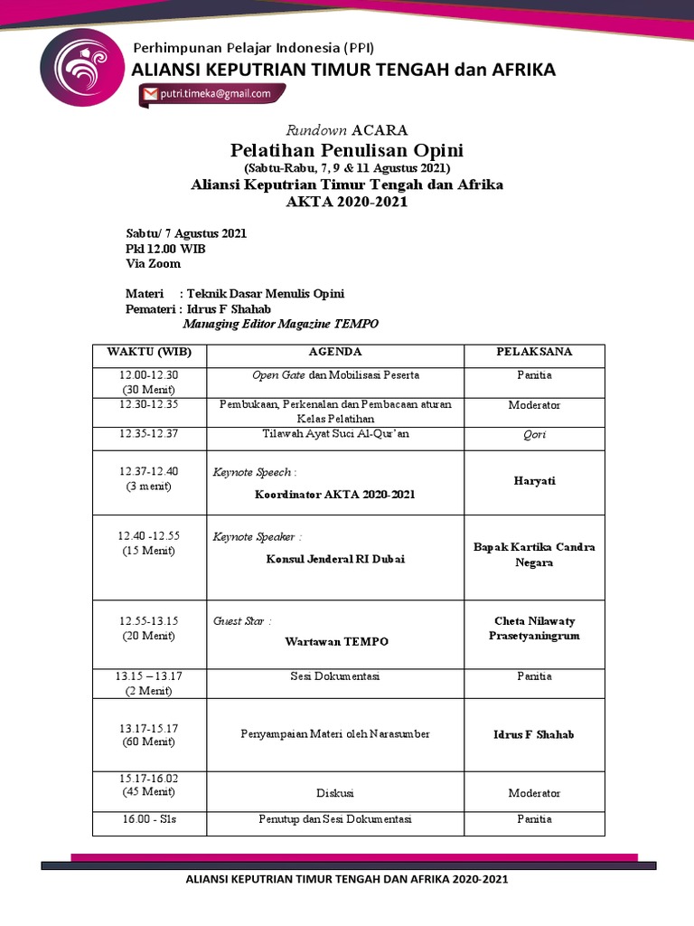 Rundown ACARA PELATIHAN PENULISAN OPINI | PDF